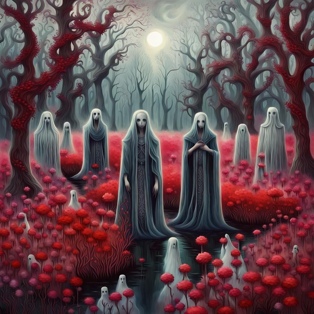 Ghostly, spectral people standing in a field of red flowers and ...