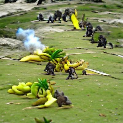 ape army in a fight in a dramatic battlefield with bananas and explosions