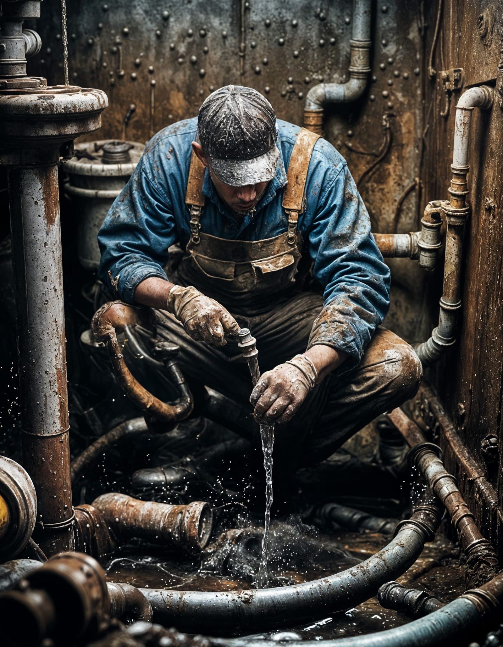 A plumber fixing a broken pipe, with water and grime splashing around ...