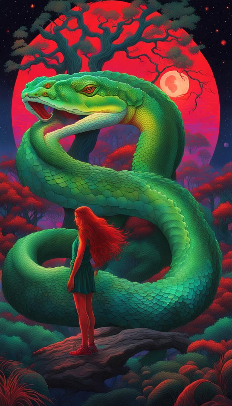A huge green python bowed down, a red woman with very long hair in ...