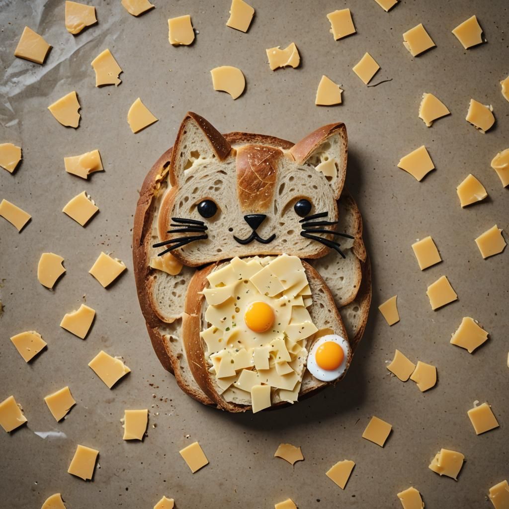 a piece of bread in shape of a cat, with slices of cheese and eggs - AI ...