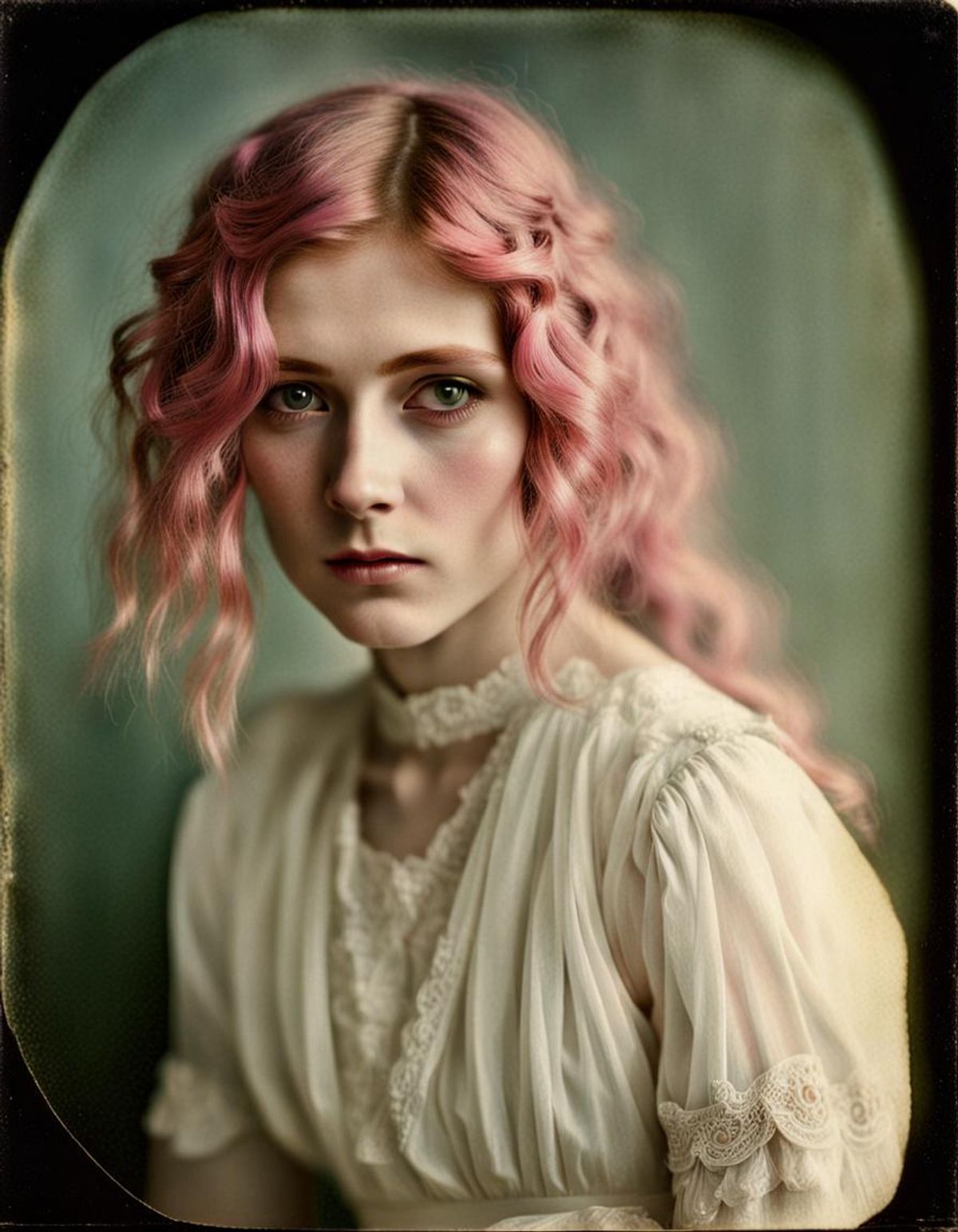 Lumière Autochrome of a young woman in white dress with pink hair, 1907 ...