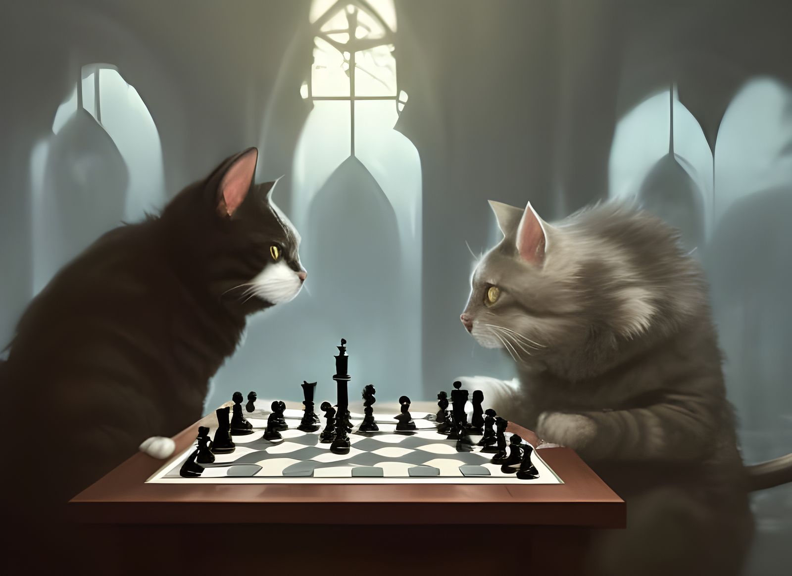 Cats play hardcore chess in abandoned churches, smoking catnip all day long - AI Generated ...