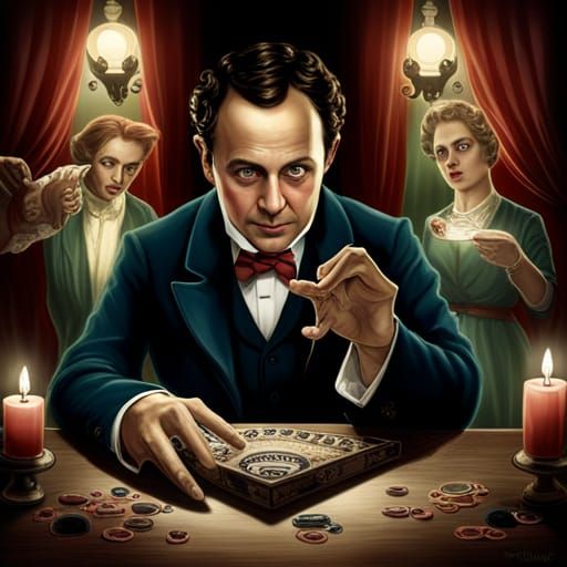 Harry Houdini ,holds Ouija board, scary, evil, ghost , appearing from ...
