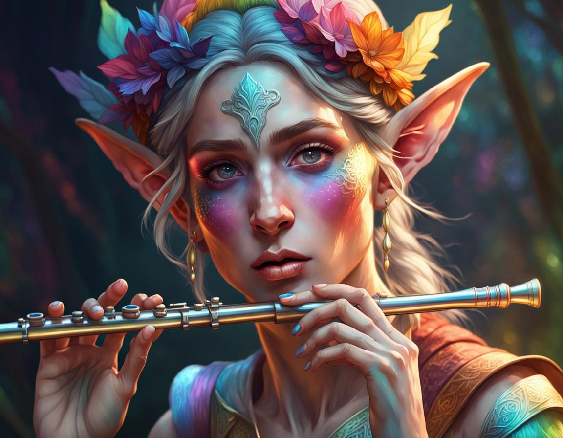 Rainbow elf playing flute - AI Generated Artwork - NightCafe Creator