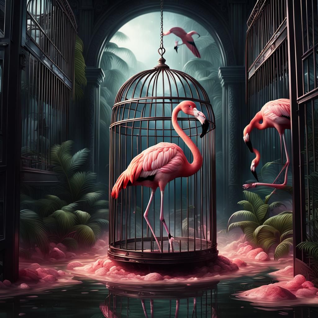 Create an imagine of a flamingo stuck in a bird cage, with the door ...