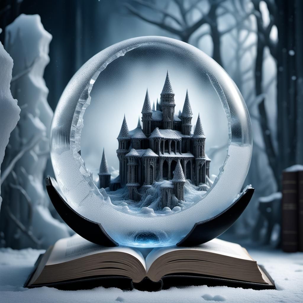 "beautiful snow globe made of ice, emerging from a book, photorealistic ...
