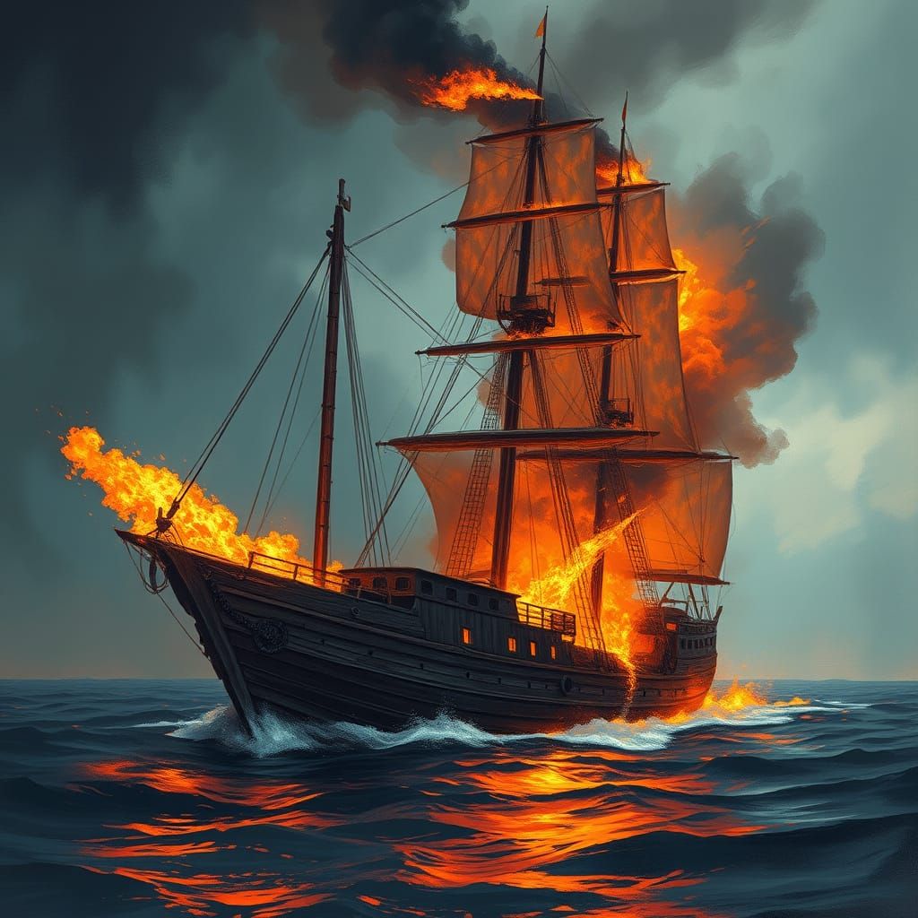 Flaming Boat - Fiery Sailboat Abandoned in Futuristic Ruin