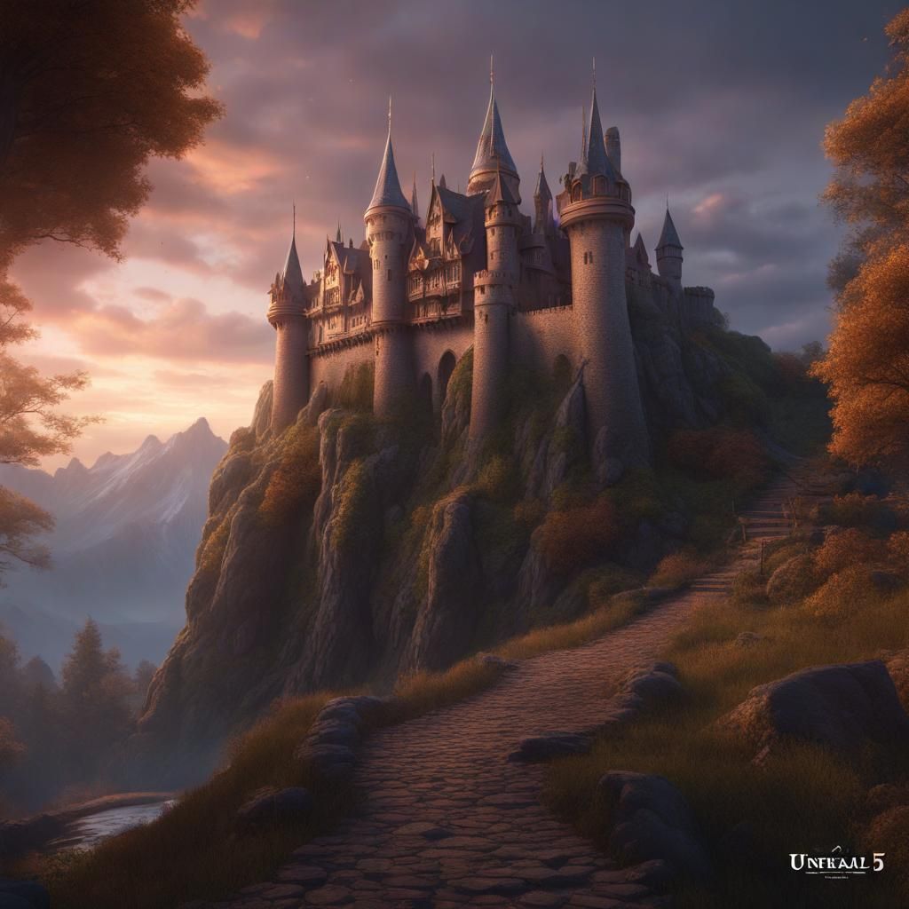Majestic, mythology, castle, peak, dusk, photorealism, cozy - AI ...