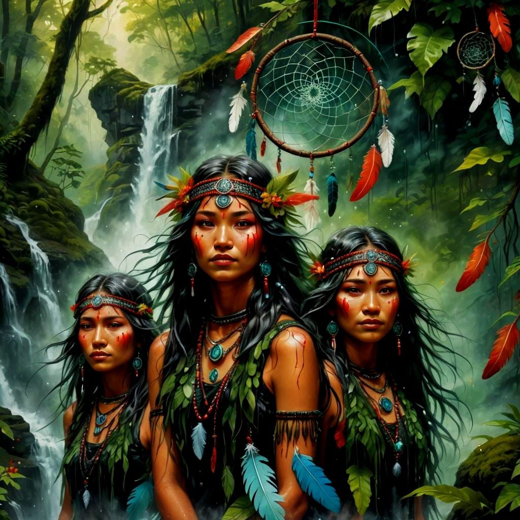 The Fates - Native Goddesses Emerge from Waterfall in Vibran...