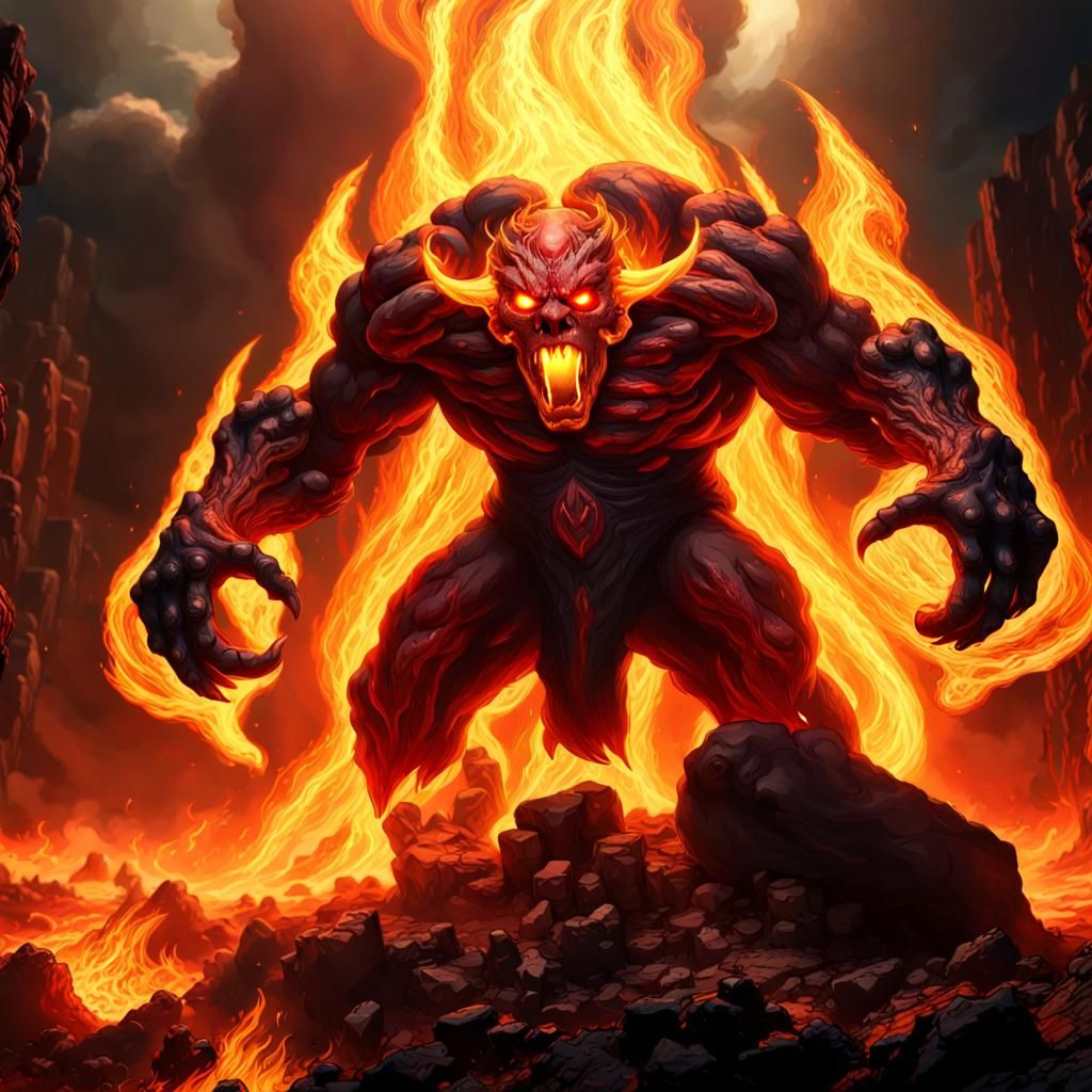 Raging, burning Balrog, hell, lava, fire element, red, orange, yellow ...