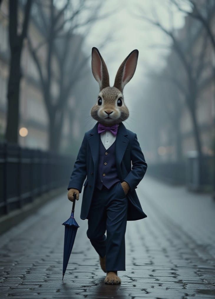 A photograph of an anthropomorphic rabbit, dressed in a navy blue suit ...