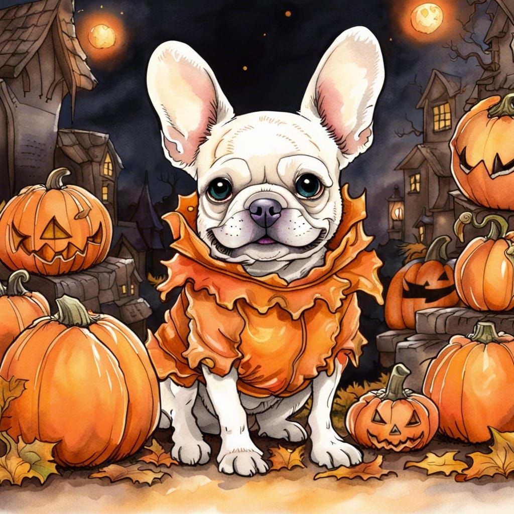 Chiba White Frenchie dog dressed as a pumpkin at a Halloween party by ...