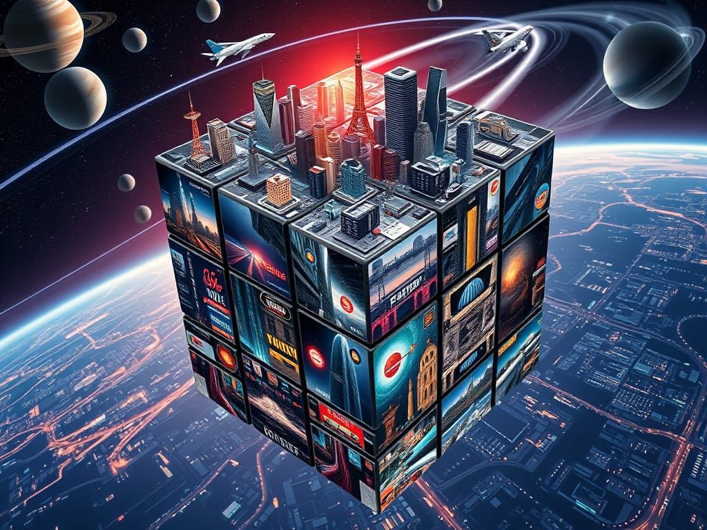 Rubik's Cube futuristic city floating in space
