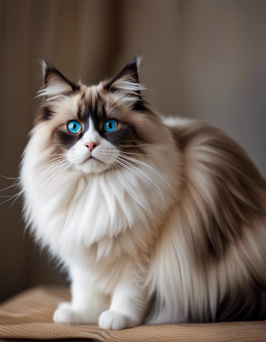 ultrarealistic close-up portrait of a beautiful fluffy Ragdoll cat ...
