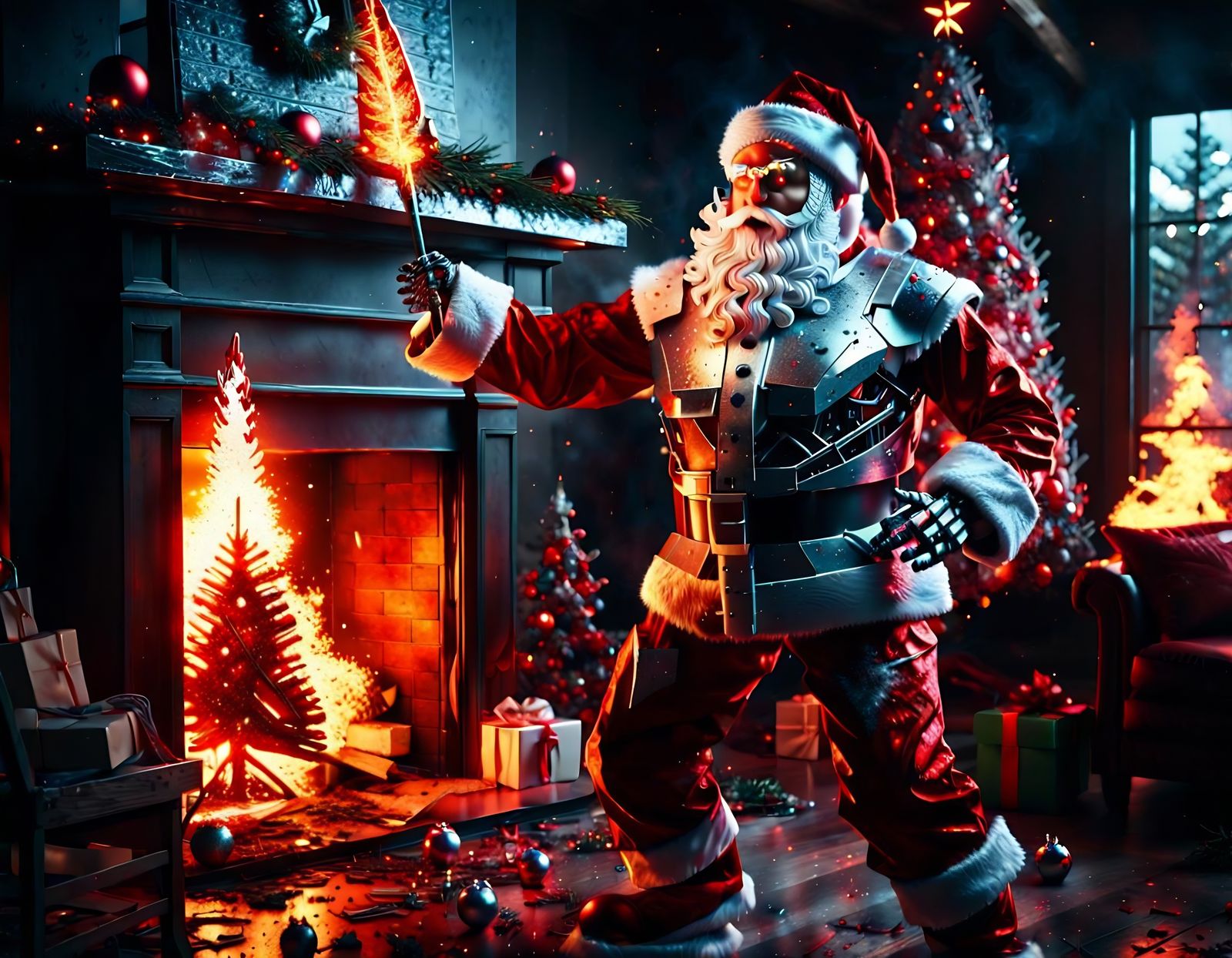 Cyberpunk Robot Santa Claus Tosses Christmas Tree ... - AI Art