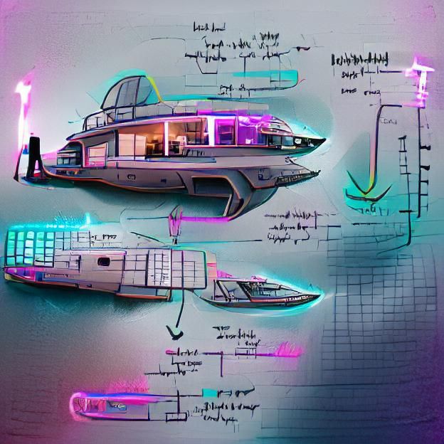 Illustrated plans for an interstellar cyberpunk yacht - AI Generated ...