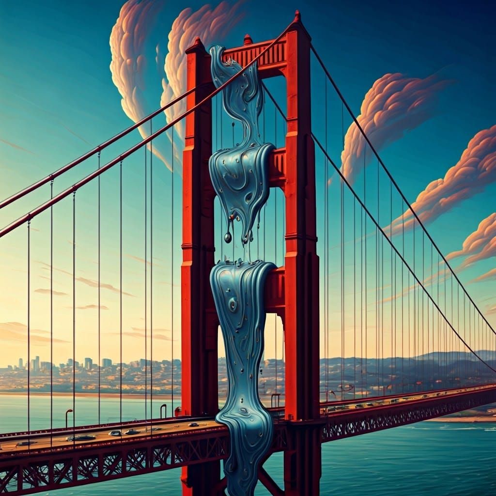 Dreamlike Golden Gate Bridge in Vibrant Surrealist... - AI Art