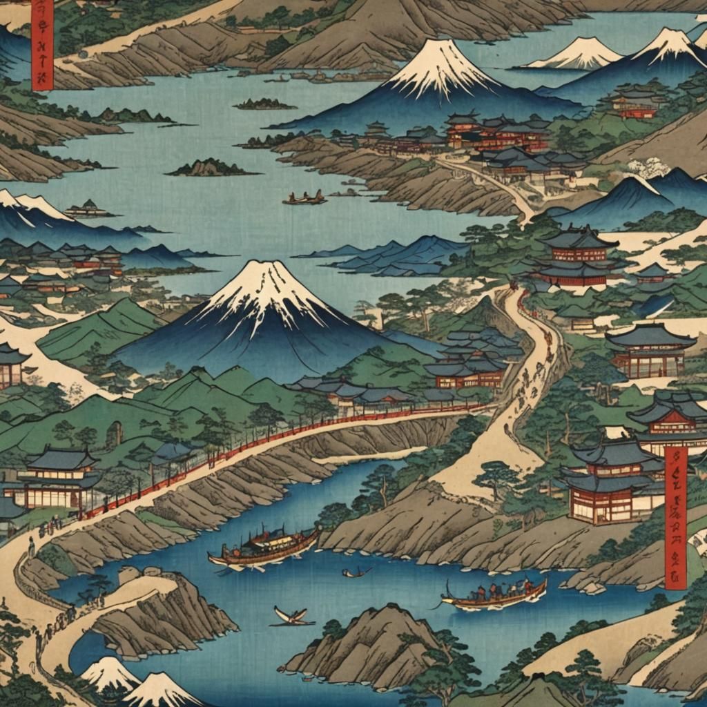 art by Hiroshige, Hokusai, artistic map representation, Edo period ...