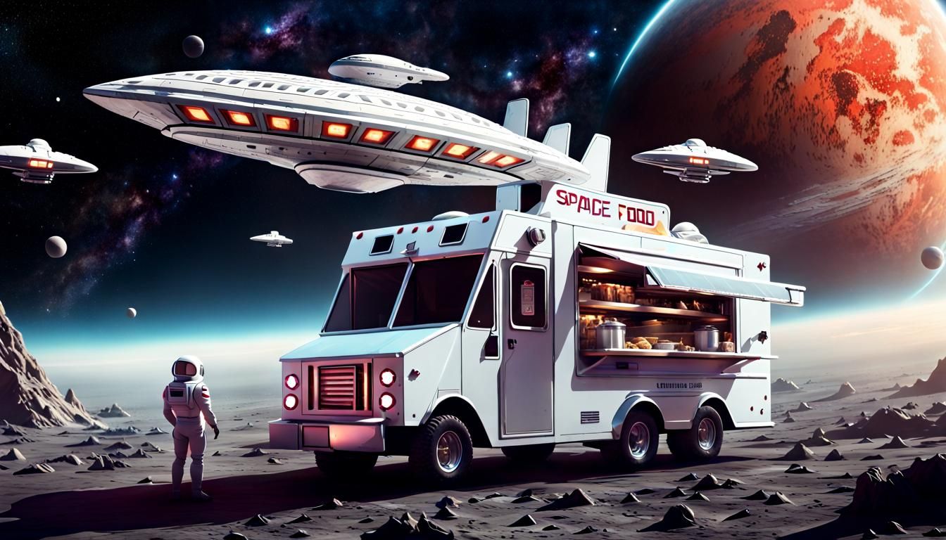 "Space food truck orbiting in space with spaceships parked to get food ...