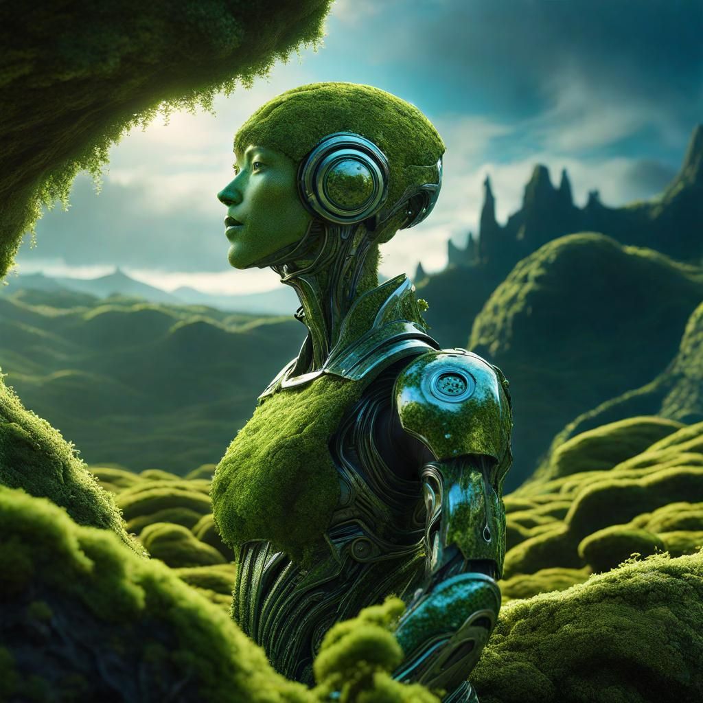 A humanoid cyborg covered in moss , beautiful fantasy landscape ...