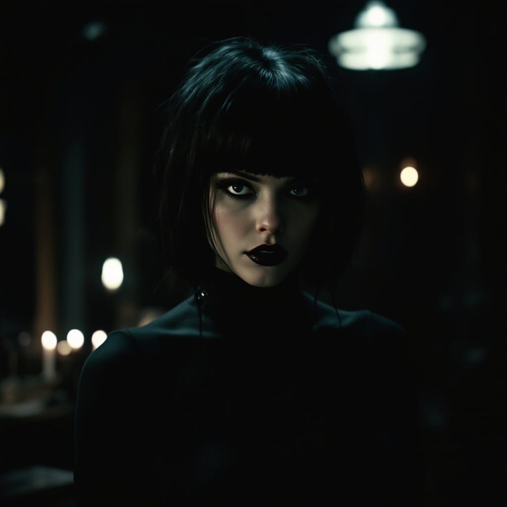 Kendall, gothic outfit, black pantyhose, slim dress, look right, Addams ...