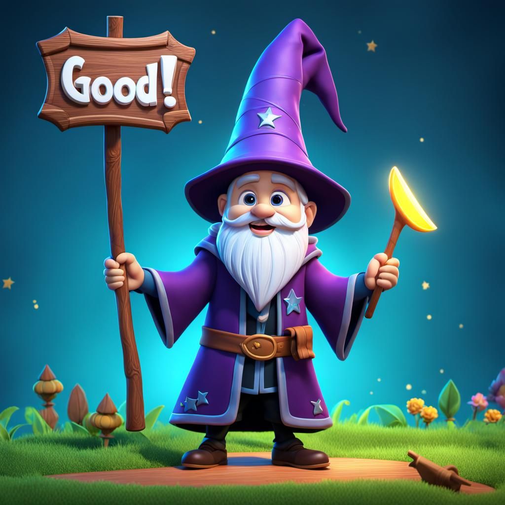 a cute wizard holding a wooden sign that says: "Good job!", upultra ...