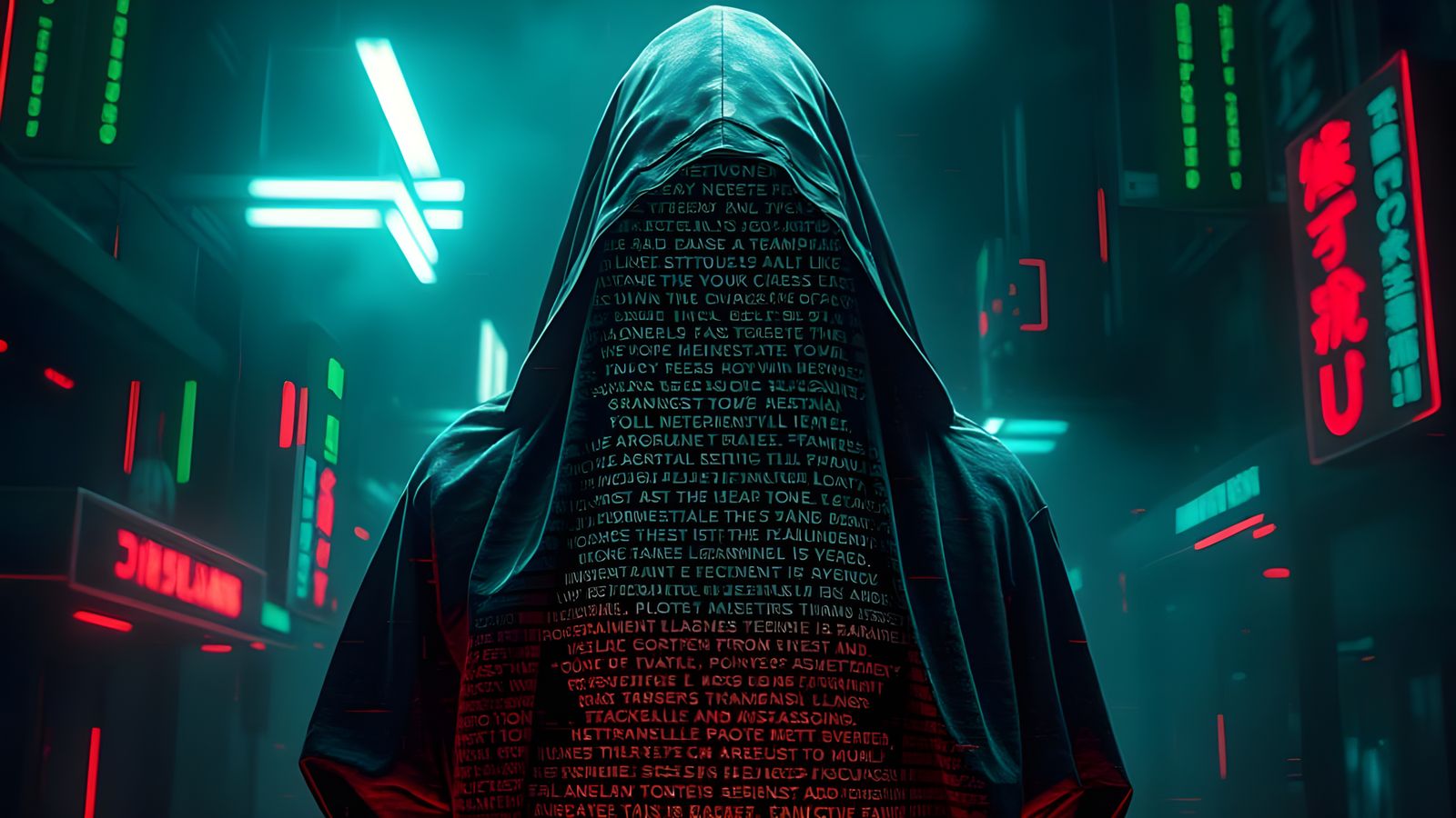 "Stylized neon unveiling, veil of scrolling text fragments, glitching ...