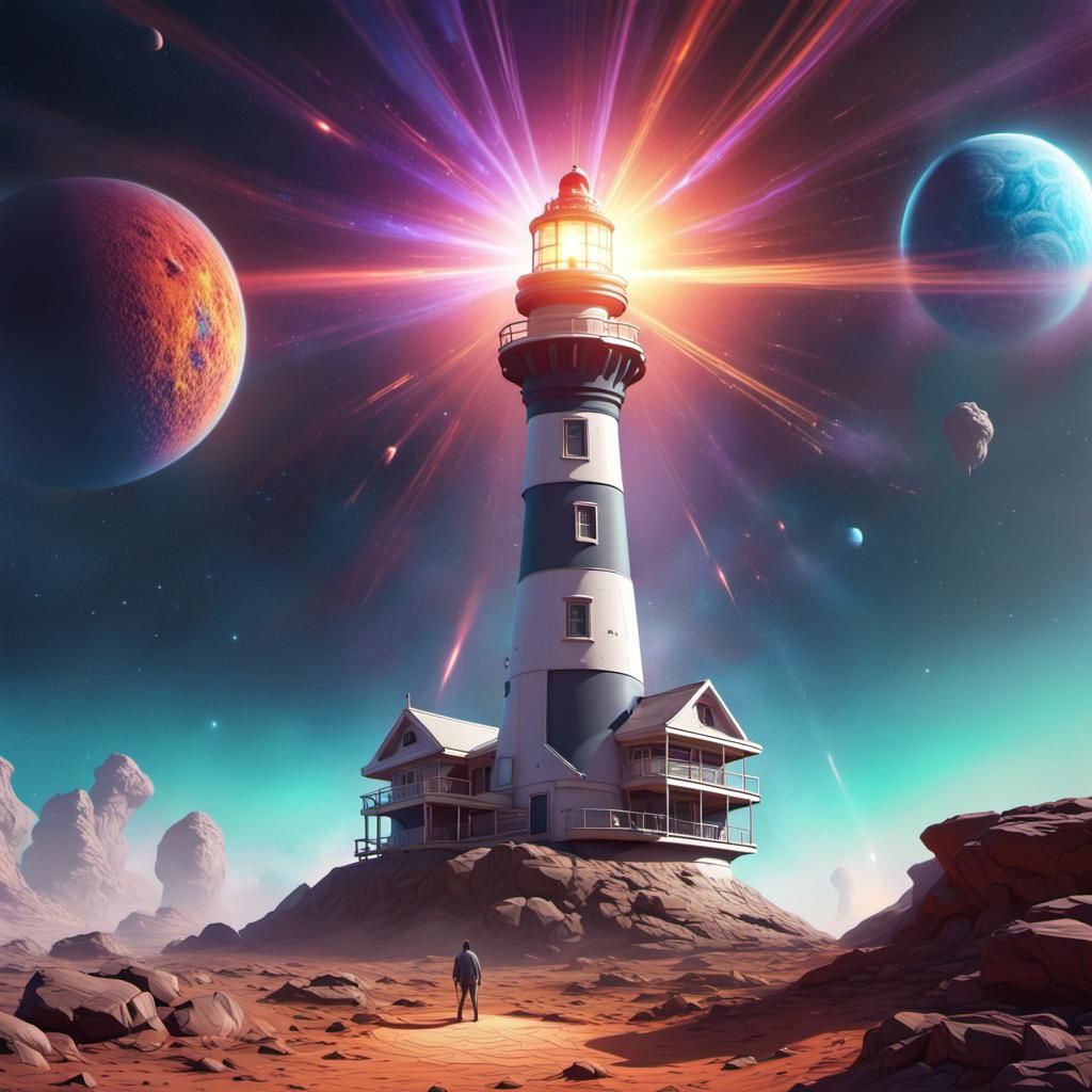 A cosmic lighthouse on a distant planet, guiding spacefaring travelers ...