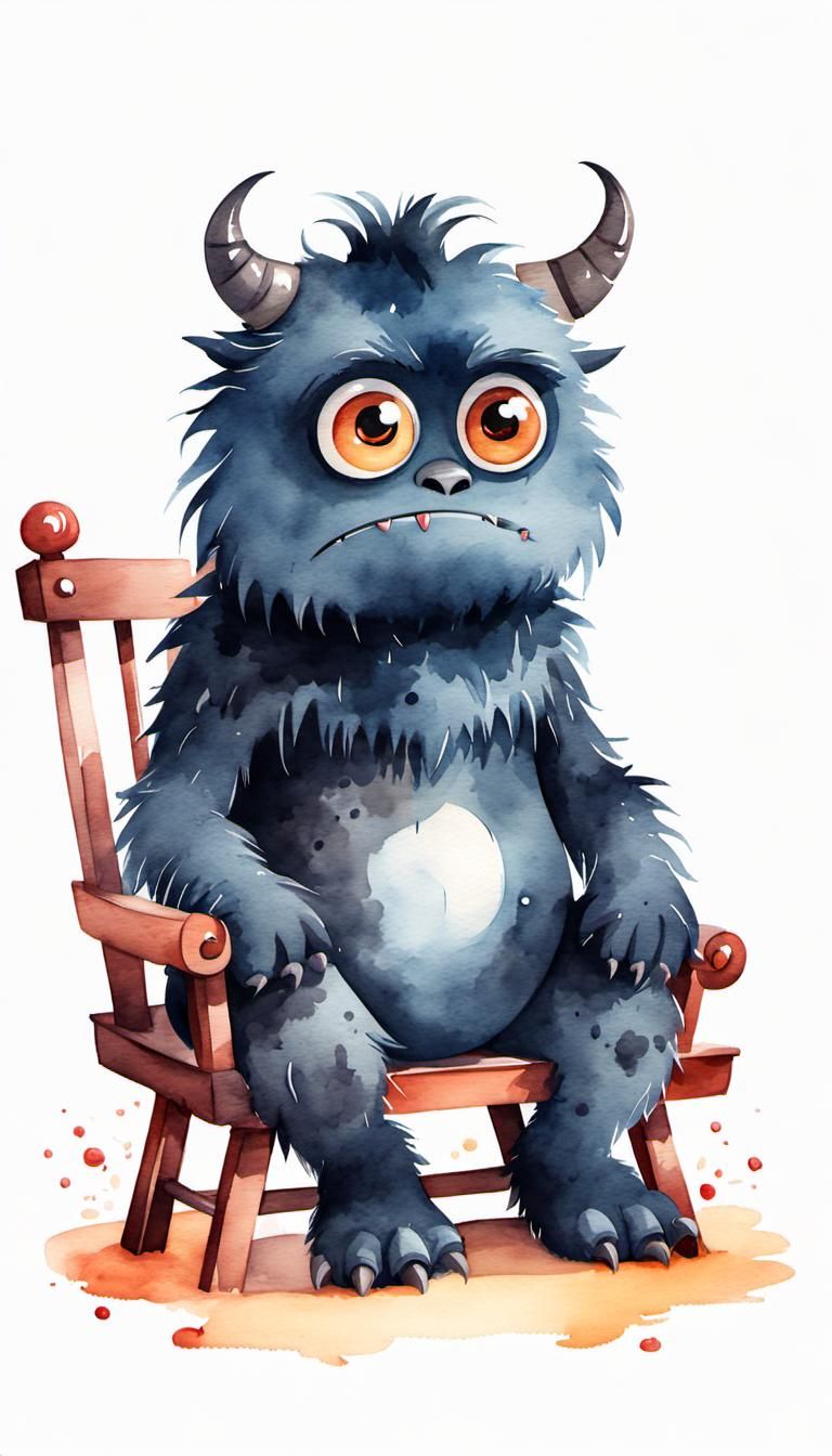 CGI cartoon sulky adorable dark monster sitting in time out, watercolor ...