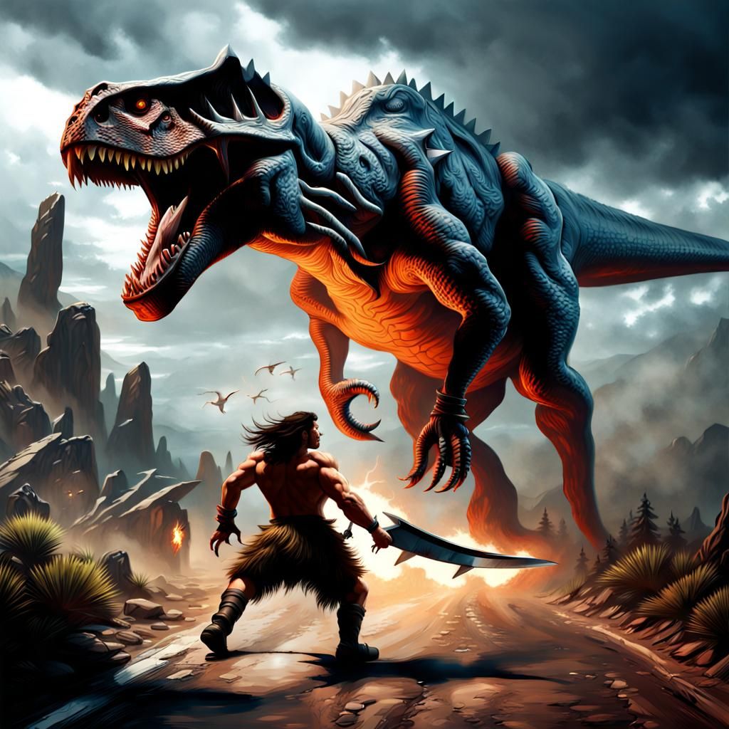 Barbarian Challenges T-REX - AI Generated Artwork - NightCafe Creator