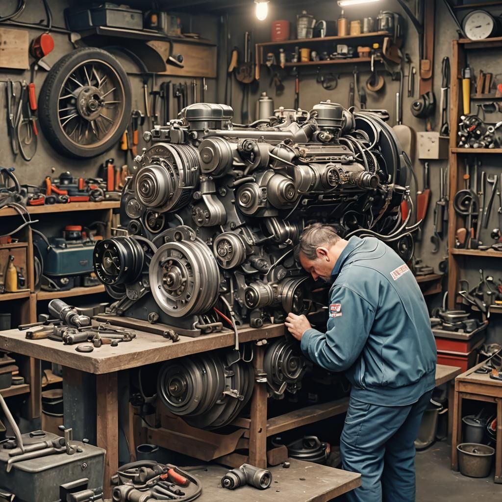 engine motor mechanic dismantle in a bench garage, hyperrealistic, 8k ...