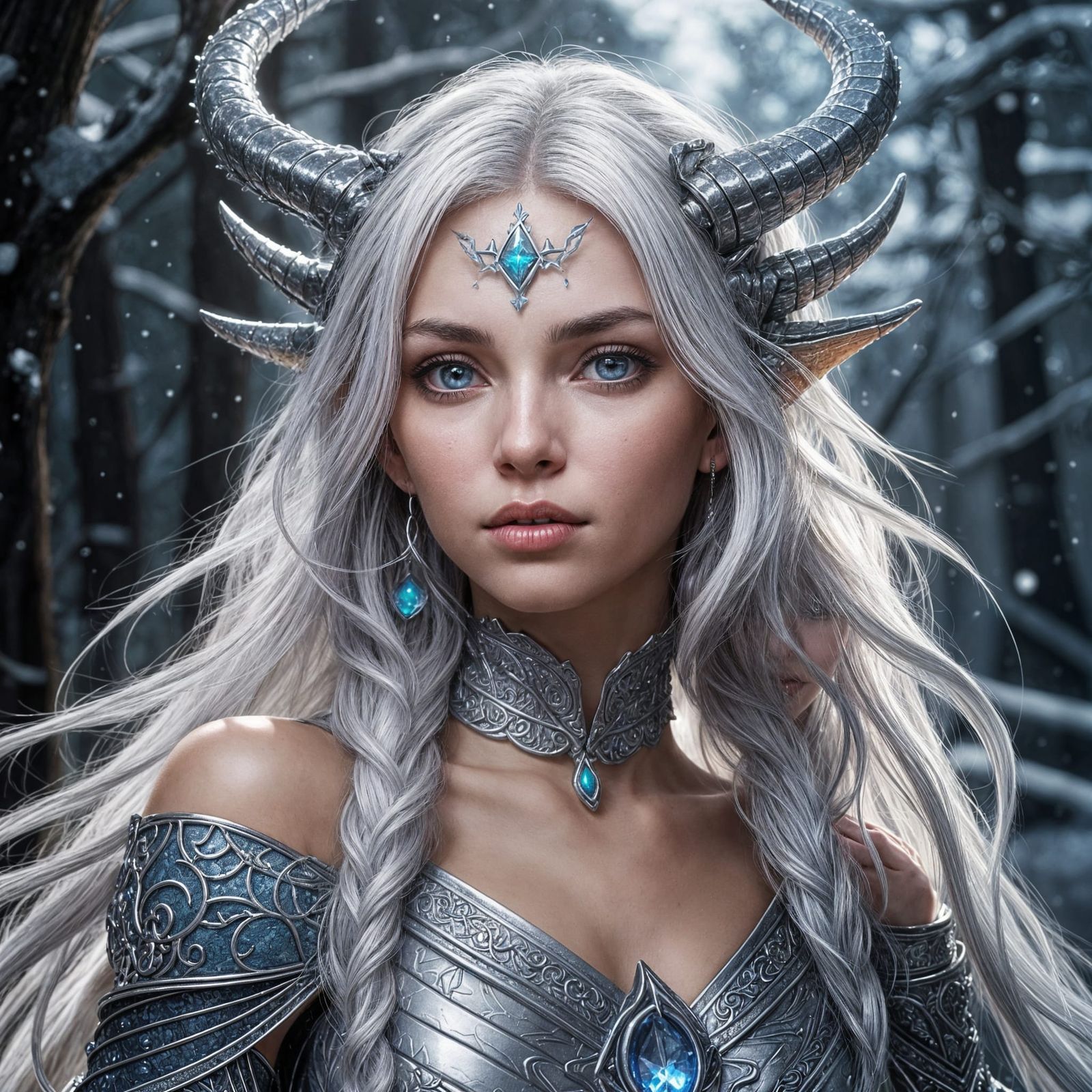 Silver Dragon Elf Sorceress in Icy Blue Aura - AI Art