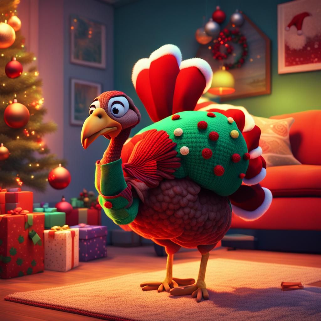 Pixar-Inspired Turkey in Festive Living Room - AI Art