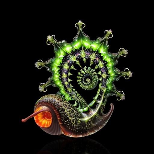 Transparent glass snail-shell filled with bioluminescent fractal plants ...