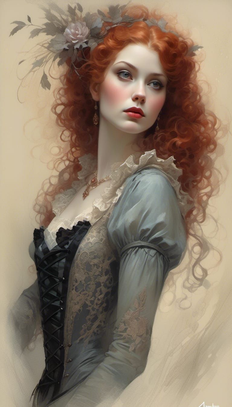 Lady covered in velvet and lace, long black curls, Rococo, detailed ...