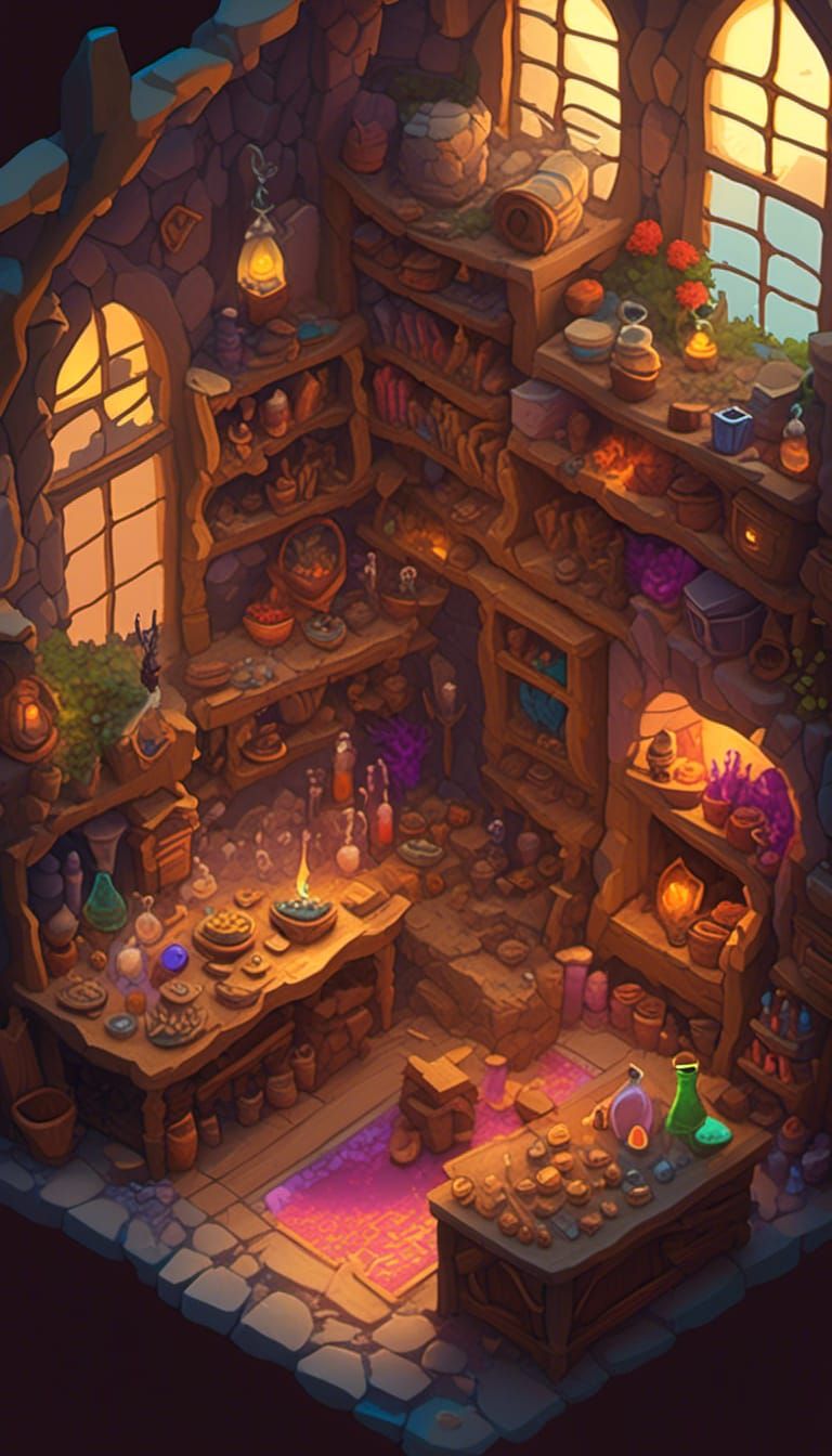 fantasy, potion shop room, drawers, counters, isometric view ...