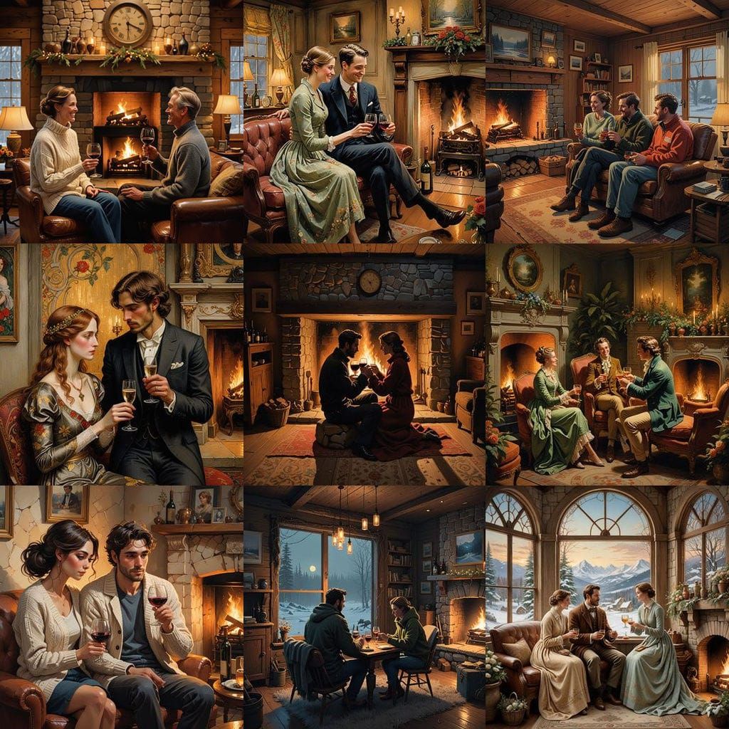 Young couple making a toast by a fireplace