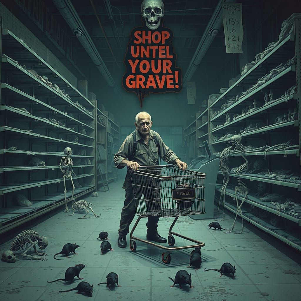 Store + empty shelves + old man wearing raggedy clothes + empty ...