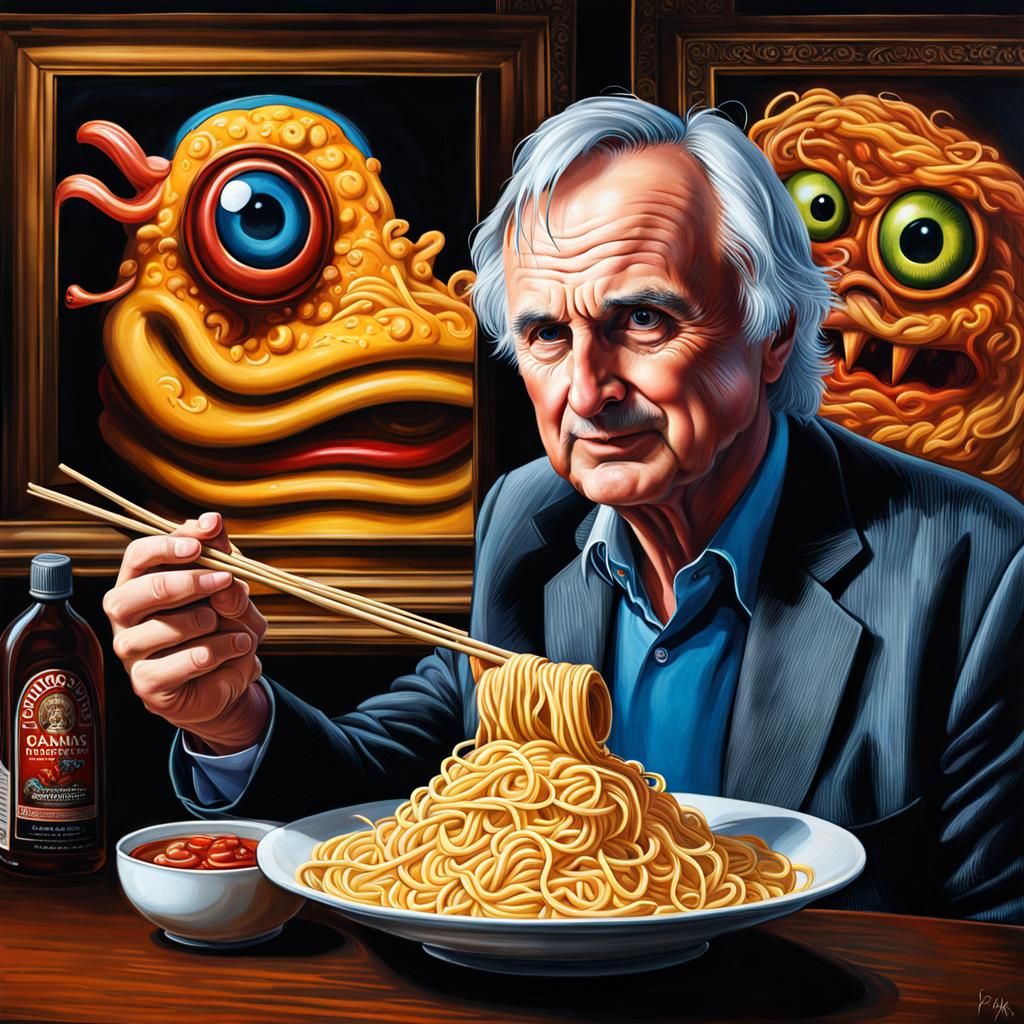 Richard Dawkins eats ramen among portraits of flying spaghetti monster ...