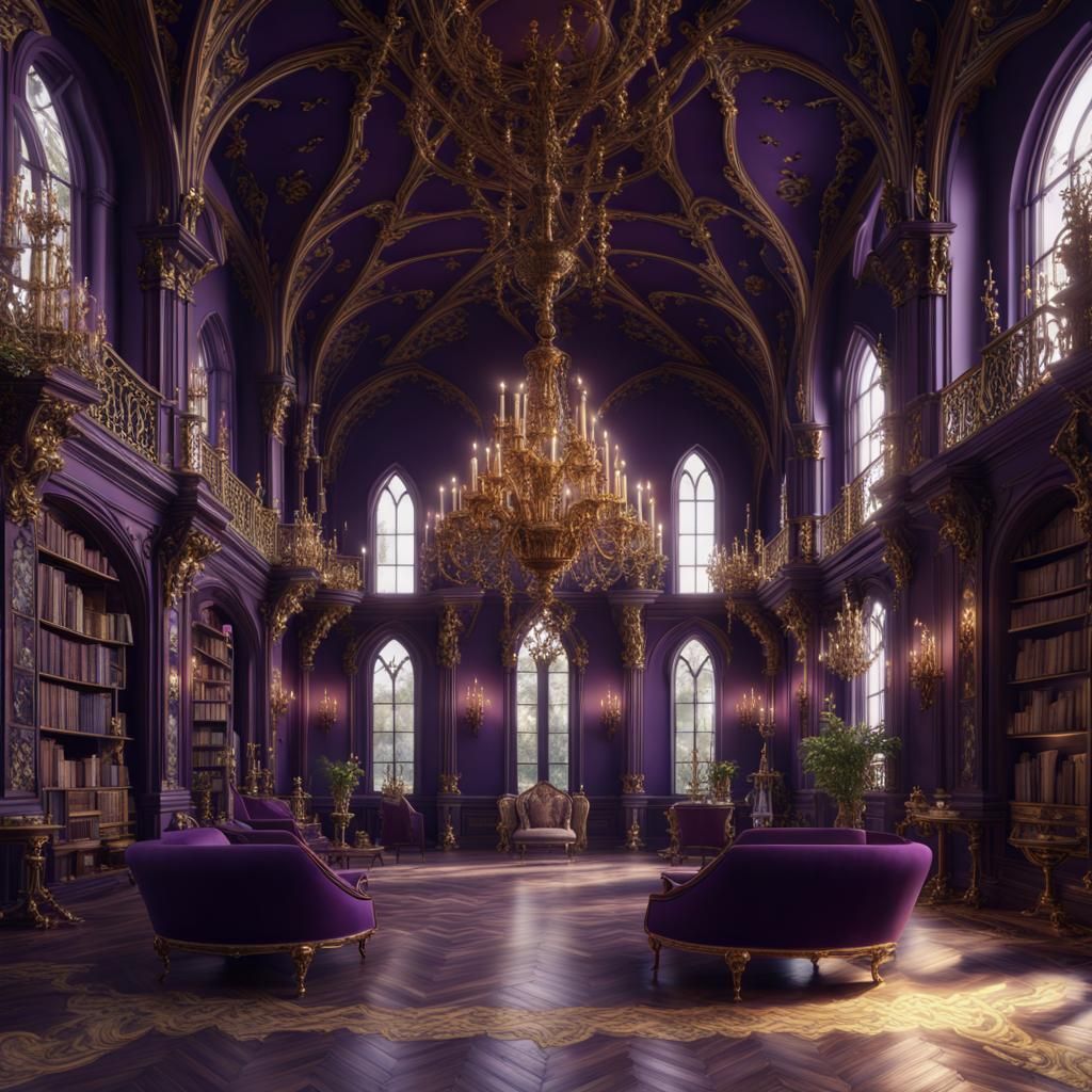 Huge dark purple rococo gothic royal library with gold accents and ...