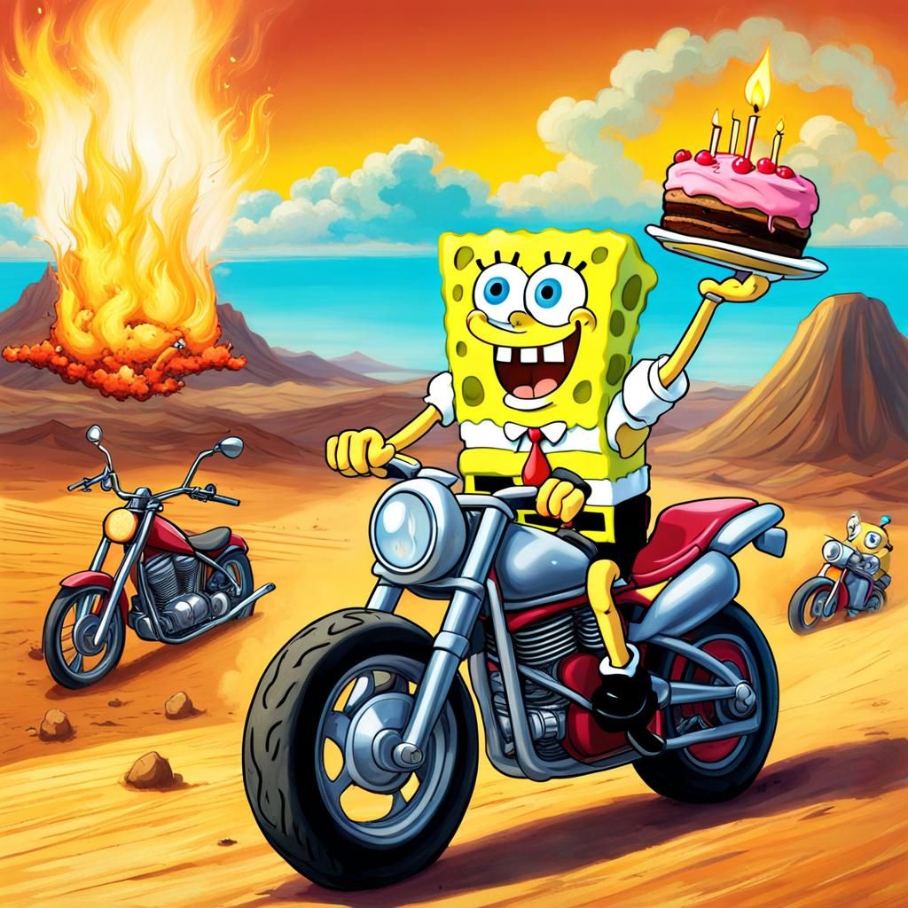 spongebob on fire in the desert eating cake while riding a motor bike ...