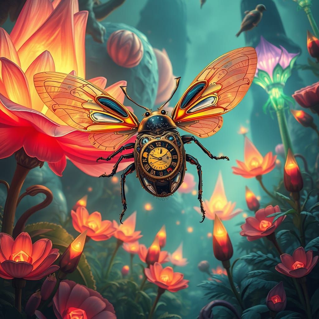 Clockwork Scarab in Alien Garden: Art Nouveau Digi... - AI Art