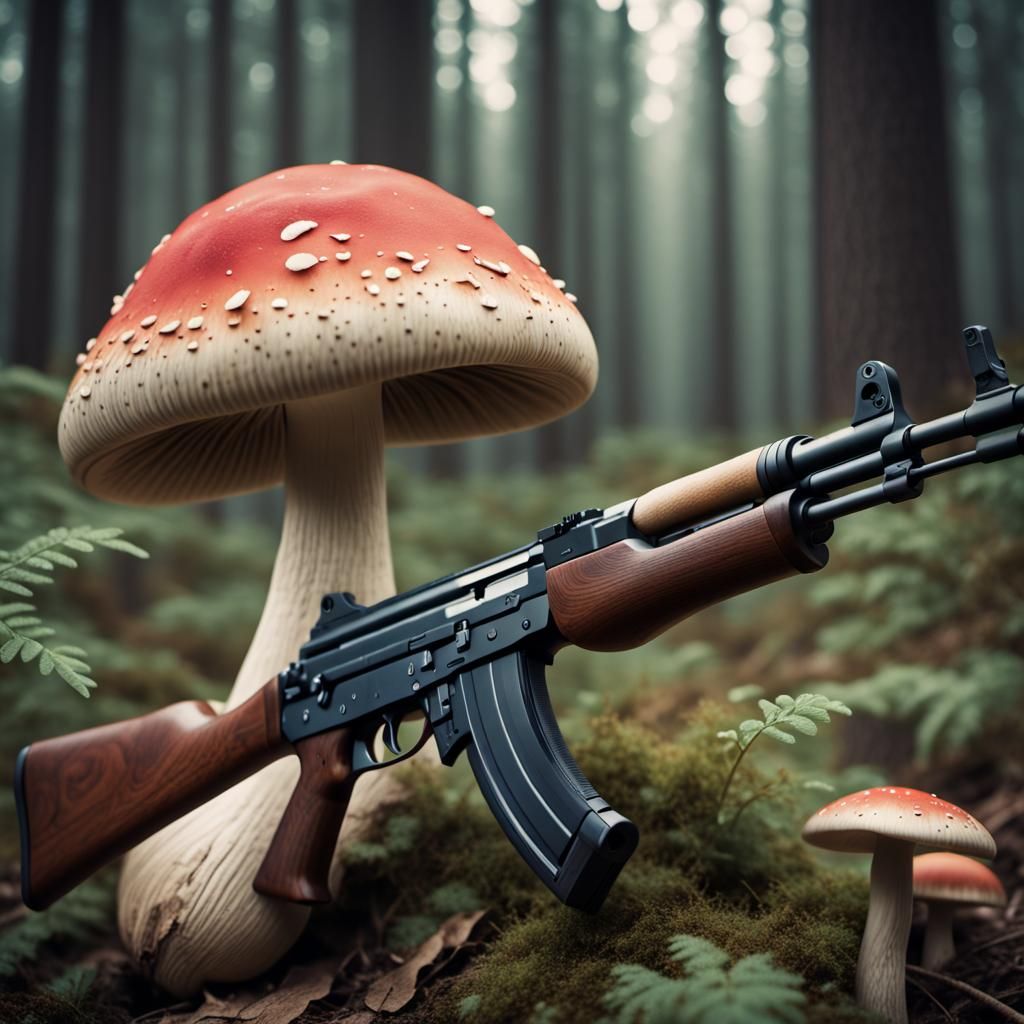 a mushroom holding ak47 - AI Generated Artwork - NightCafe Creator
