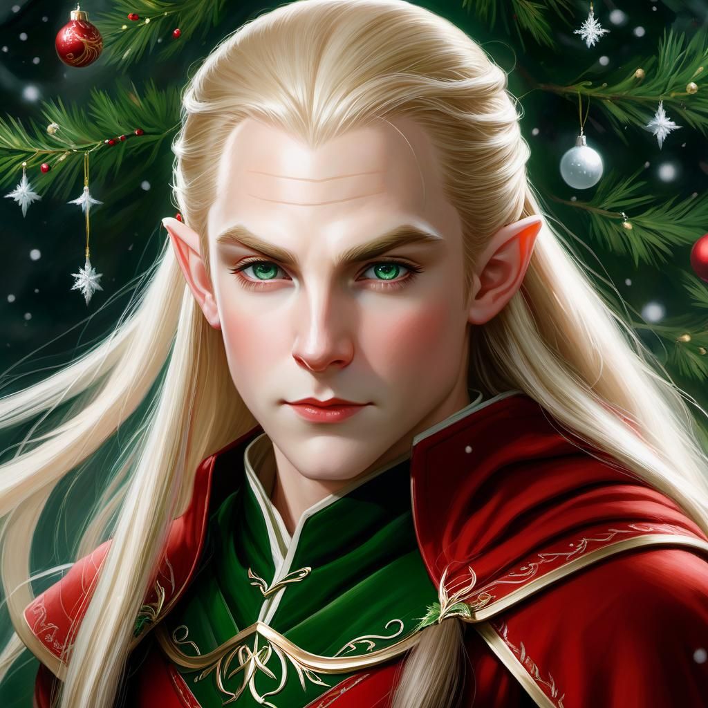 A portrait of ((Legolas)), handsome, ethereal, {dressed like Sata's elf ...
