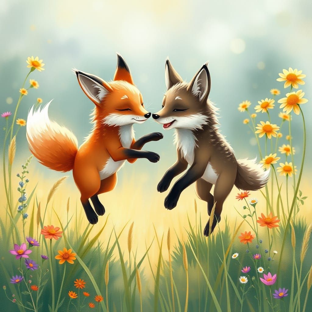 Whimsical Fox and Wolf Duo in a Sun-Drenched Fanta... - AI Art