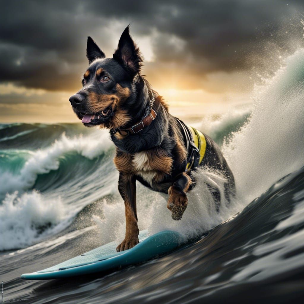 Dog surfing and catching the big waves - AI Generated Artwork ...