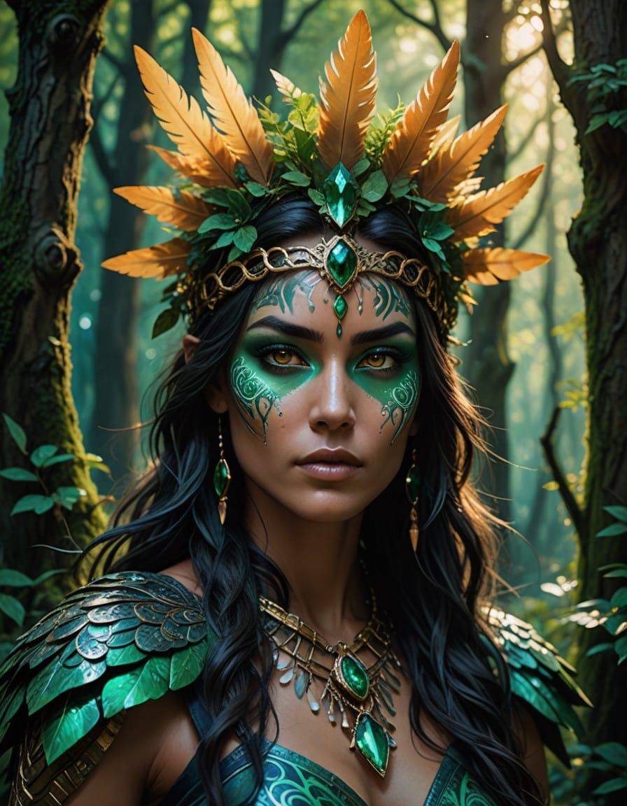 A fierce, wild tribe girl with vibrant green and white tribal markings ...