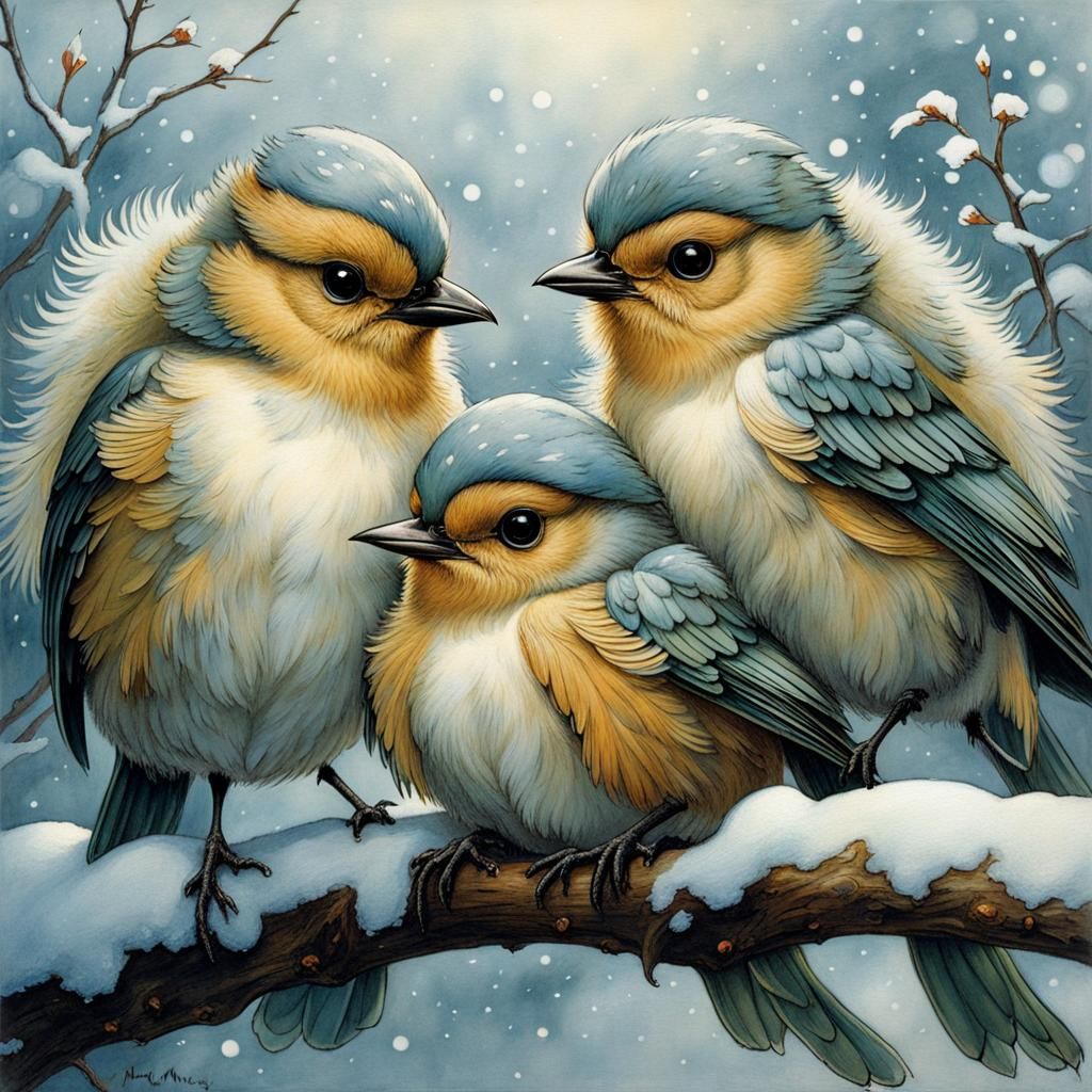 cute fluffy little Birds huddle together in winter while it's snowing ...