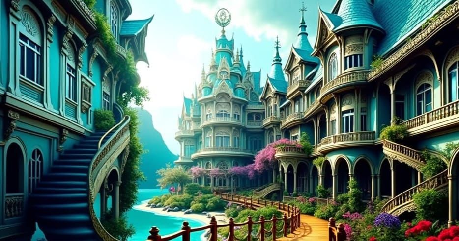 Elegant Victorian Mansion Overrun by Vibrant Wildf... - AI Art